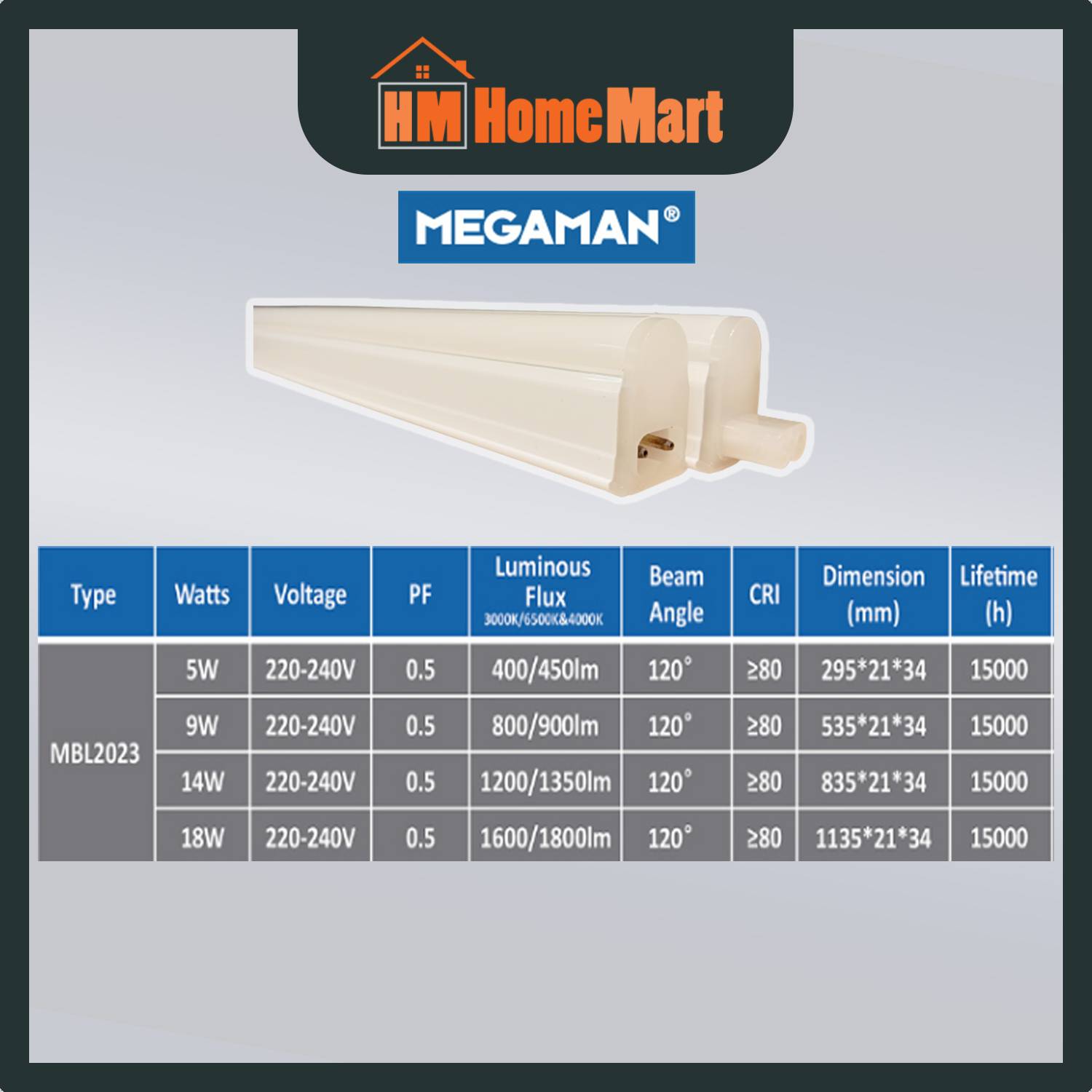 MEGAMAN T5 LED Batten 1FT/2FT/3FT/4FT (3000K/4000K/6500K) (SIRIM) (1 ...