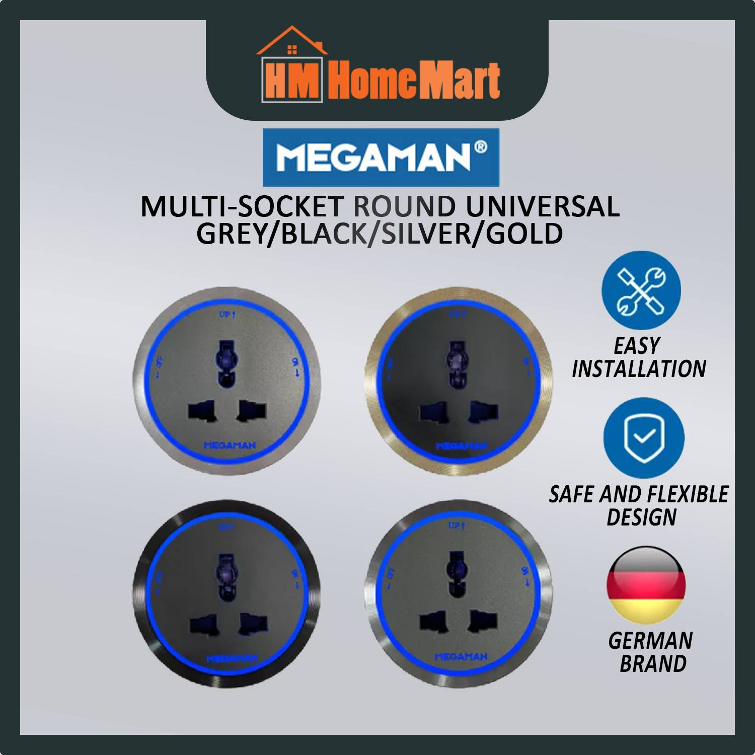 MEGAMAN Power Track Multi Socket Round Universal (Black/Grey/Gold ...