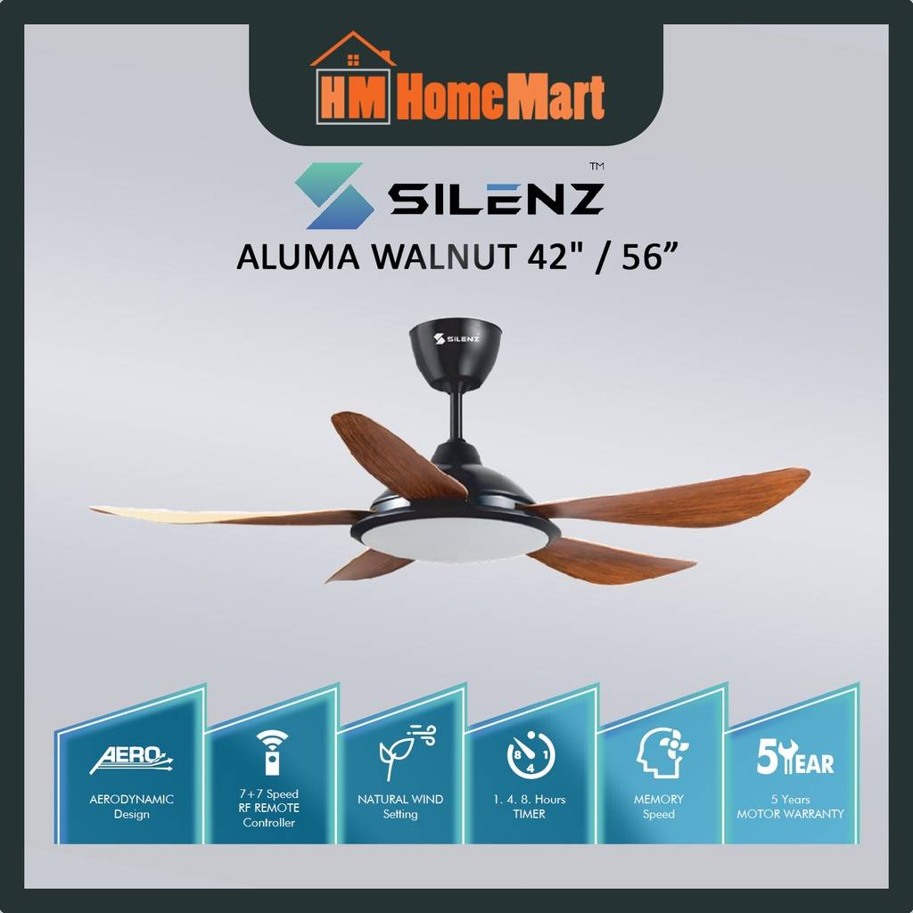 SILENZ ALUMA 42"/56" DC Motor Remote LED Ceiling Fan (Walnut) (5 Years ...