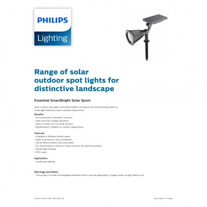 (New) PHILIPS SOLAR Outdoor Spot Light 10W/30W 3000K ( 1 Year Warranty )