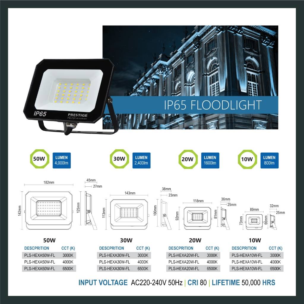 PRESTIGE HEXA LED Floodlight 10W/20W/30W/50W (3000K/4000K/6500K) (1 ...