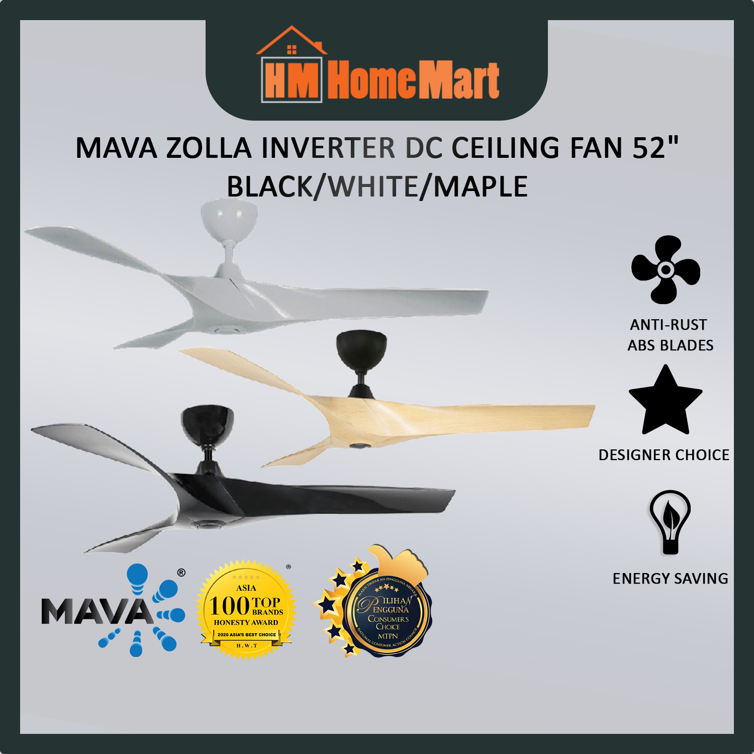 MAVA ZOLLA 52" DC Motor Remote Ceiling Fan (Maple/White/Black) (3 Years Warranty)