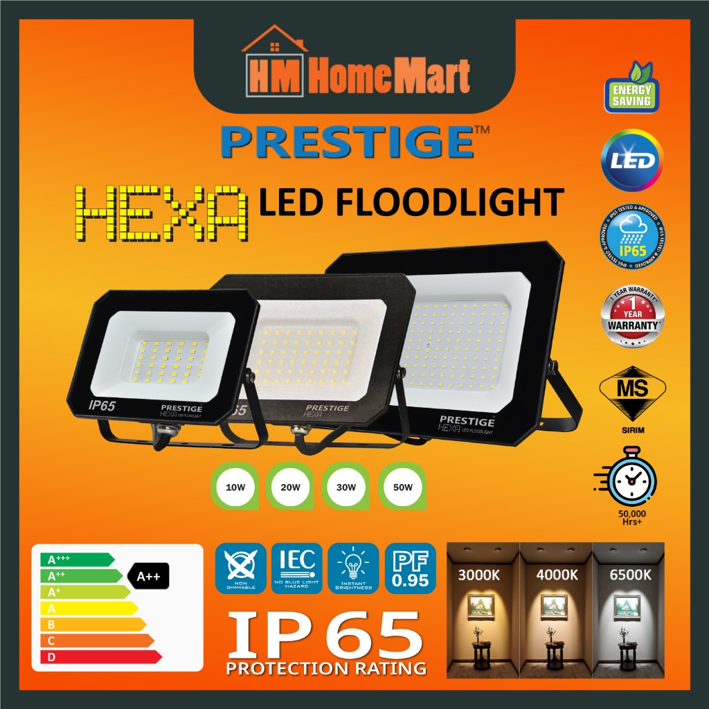 PRESTIGE HEXA LED Floodlight 10W/20W/30W/50W (3000K/4000K/6500K) (1 ...